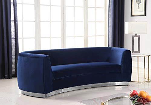 Meridian Furniture Julian Collection Modern | Contemporary Velvet Upholstered Sofa with Stainless Steel Base in Polished Chrome Finish, Navy, 91.5" W x 36" D x 28" H