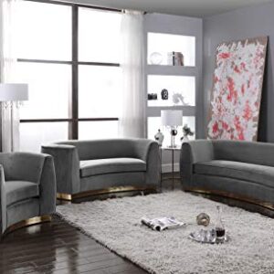 Meridian Furniture Julian Collection Modern | Contemporary Velvet Upholstered Loveseat with Stainless Steel Base in Rich Gold Finish, Grey, 70" W x 34" D x 28" H