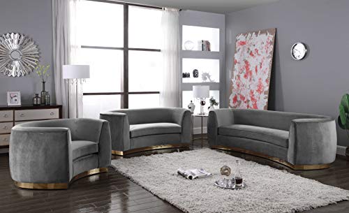 Meridian Furniture Julian Collection Modern | Contemporary Velvet Upholstered Loveseat with Stainless Steel Base in Rich Gold Finish, Grey, 70" W x 34" D x 28" H