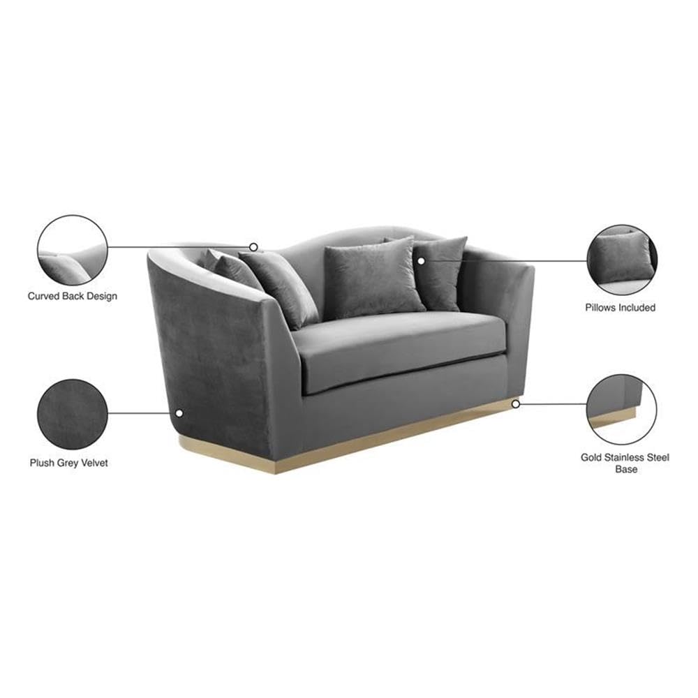 Meridian Furniture Arabella Collection Modern | Contemporary Velvet Upholstered Loveseat with Rich Gold Stainless Steel Base, Grey, 67" W x 35" D x 32.5" H