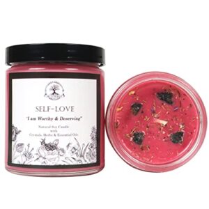 self love affirmation candle | 9 oz natural soy wax | pink thulite crystals, herbs & essential oils | acceptance, self-worth, & forgiveness rituals | wiccan, pagan, spirituality