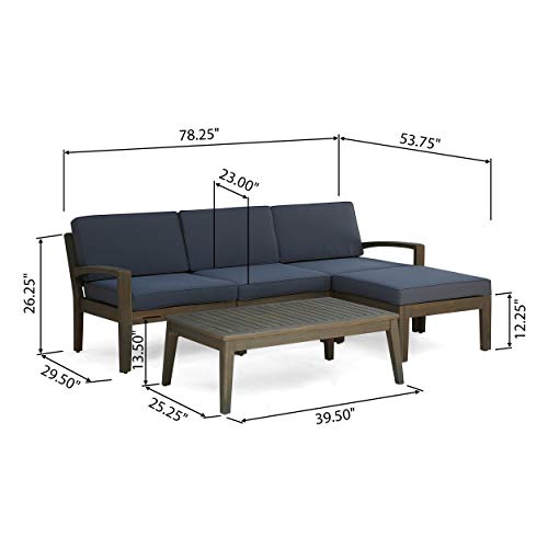 Christopher Knight Home Grenada Sectional Sofa Set | 5-Piece 3-Seater | Includes Coffee Table and Ottoman | Acacia Wood Frame | Water-Resistant Cushions Dark Gray, Finish