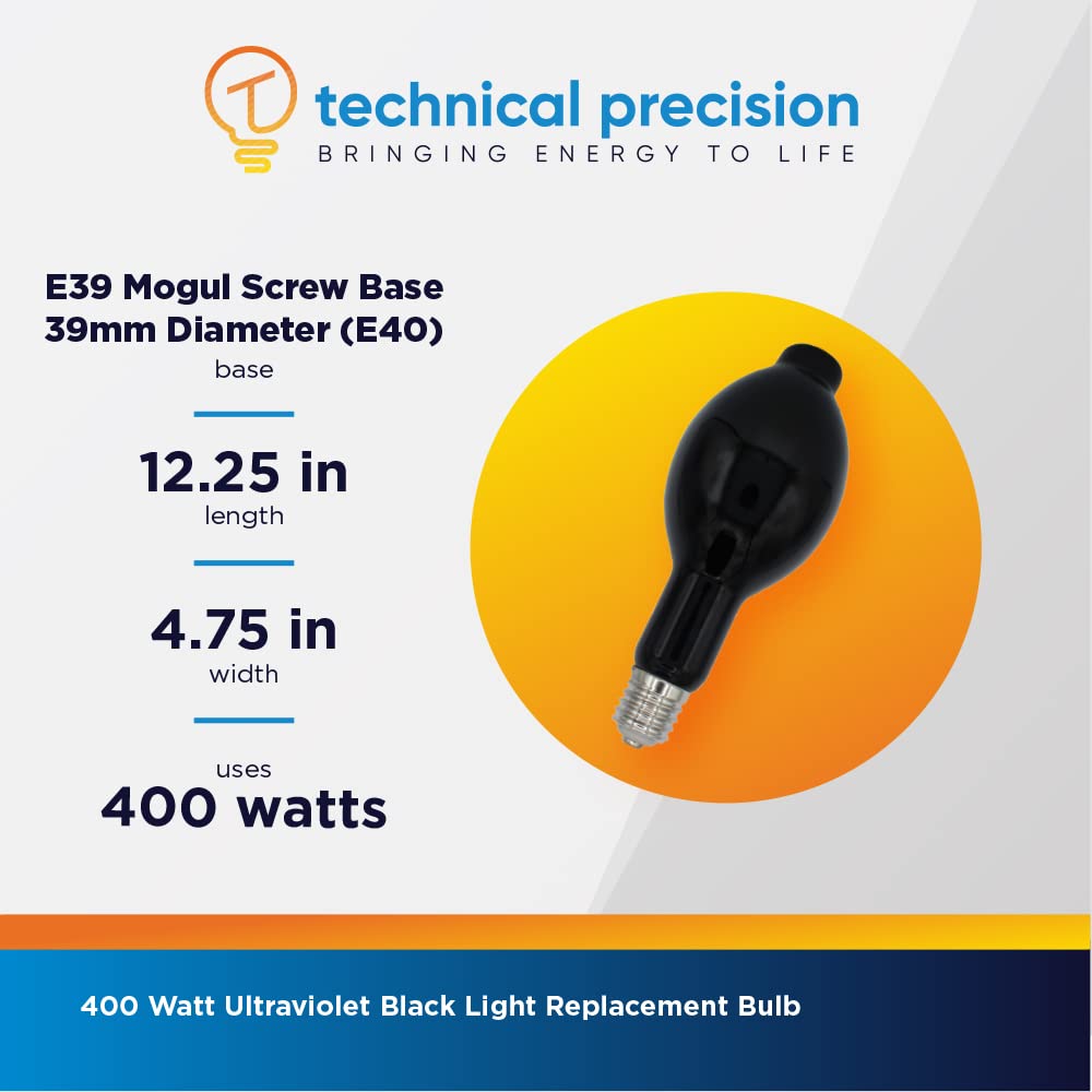 Replacement for American DJ LL-400BLB, Eliminator ELBLK400, BLK400, CHAUVET Black Shadow 400 H400BL Blacklight Light Bulb by Technical Precision - Bright 400w Bulb UV Black Lightbulb - 1 Pack