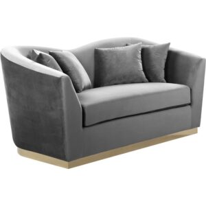 meridian furniture arabella collection modern | contemporary velvet upholstered loveseat with rich gold stainless steel base, grey, 67" w x 35" d x 32.5" h