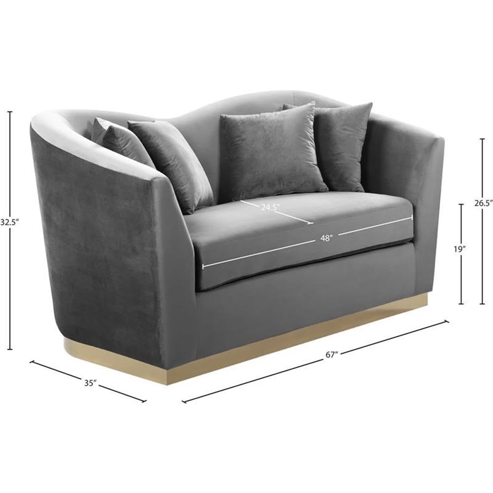 Meridian Furniture Arabella Collection Modern | Contemporary Velvet Upholstered Loveseat with Rich Gold Stainless Steel Base, Grey, 67" W x 35" D x 32.5" H