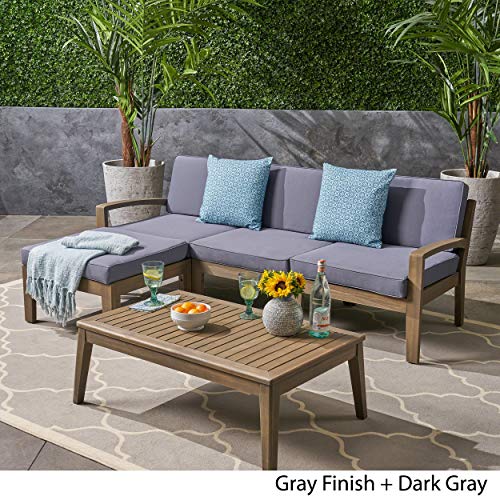 Christopher Knight Home Grenada Sectional Sofa Set | 5-Piece 3-Seater | Includes Coffee Table and Ottoman | Acacia Wood Frame | Water-Resistant Cushions Dark Gray, Finish