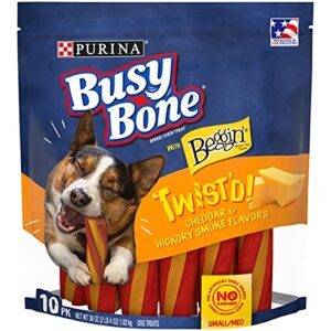 purina busy with beggin' made in usa facilities small/medium breed dog chew, twist'd cheddar & hickory smoke flavors - 10 ct. pouch