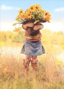 avanti press girl holding hat of flowers funny/humorous thank you card