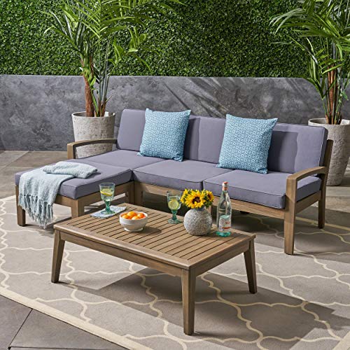 Christopher Knight Home Grenada Sectional Sofa Set | 5-Piece 3-Seater | Includes Coffee Table and Ottoman | Acacia Wood Frame | Water-Resistant Cushions Dark Gray, Finish