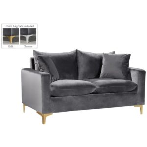 meridian furniture naomi collection modern | contemporary grey velvet upholstered loveseat with stainless steel base in a rich gold or chrome finish, 633grey-l