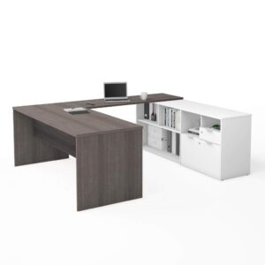 Bestar i3 Plus U-Shaped Executive Desk, 72W, Bark Grey & White