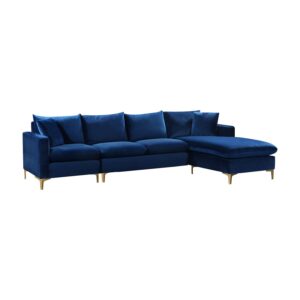 meridian furniture naomi collection modern | contemporary navy velvet upholstered reversible sectional with rich gold or chrome legs