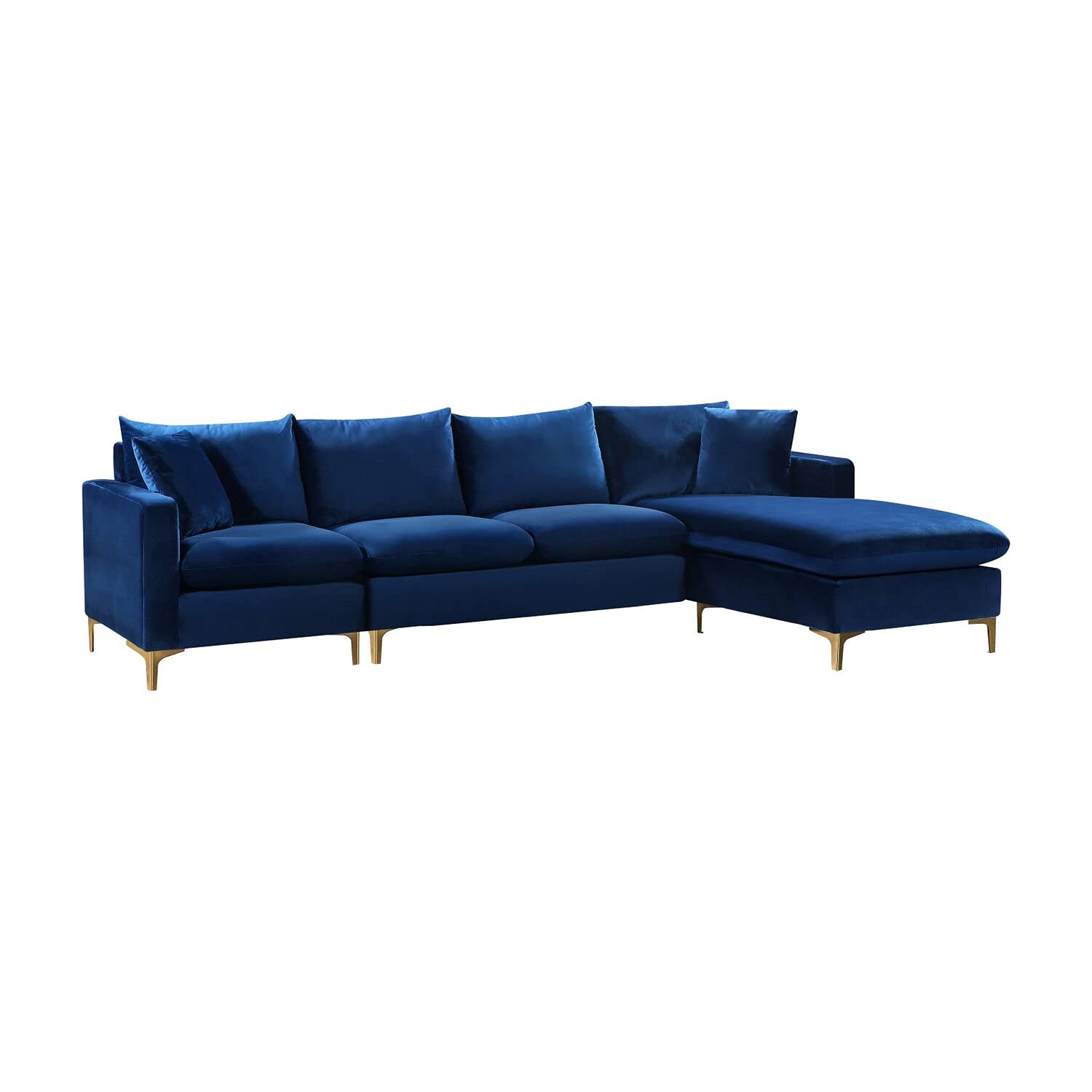 Meridian Furniture Naomi Collection Modern | Contemporary Navy Velvet Upholstered REVERSIBLE Sectional with Rich Gold or Chrome Legs