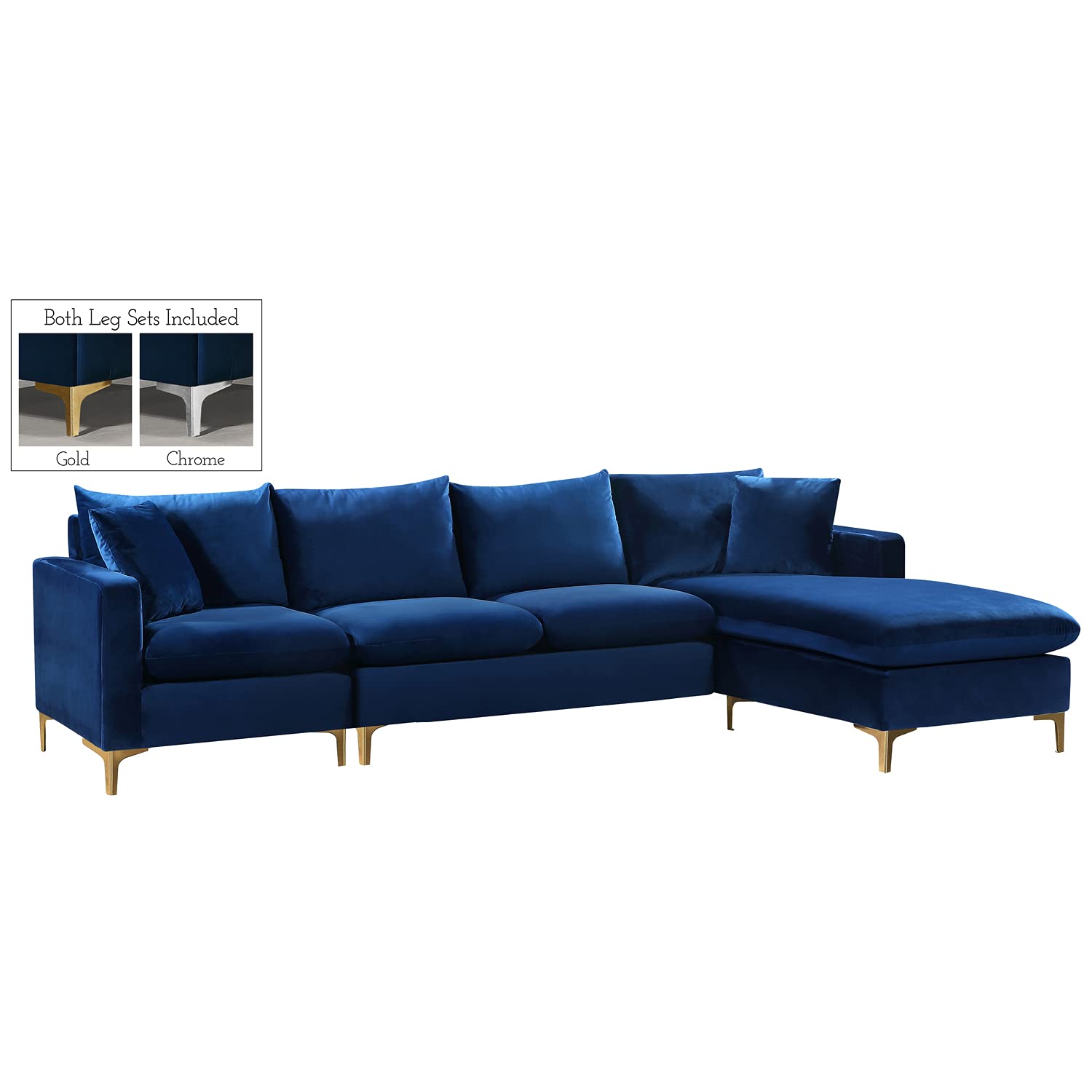 Meridian Furniture Naomi Collection Modern | Contemporary Navy Velvet Upholstered REVERSIBLE Sectional with Rich Gold or Chrome Legs