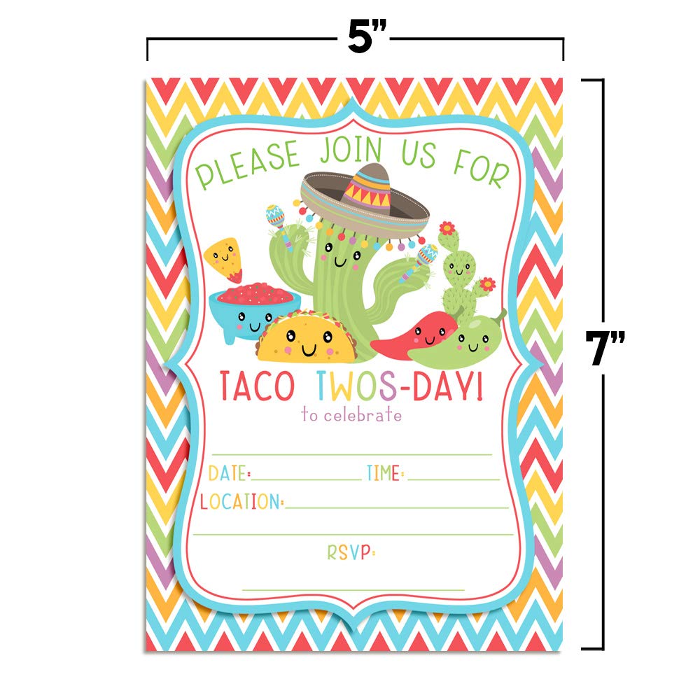 Taco TWOS-DAY Adorable 2nd Birthday Fiesta Party Invitations, 20 5x7 Fill In Cards with Twenty White Envelopes by AmandaCreation