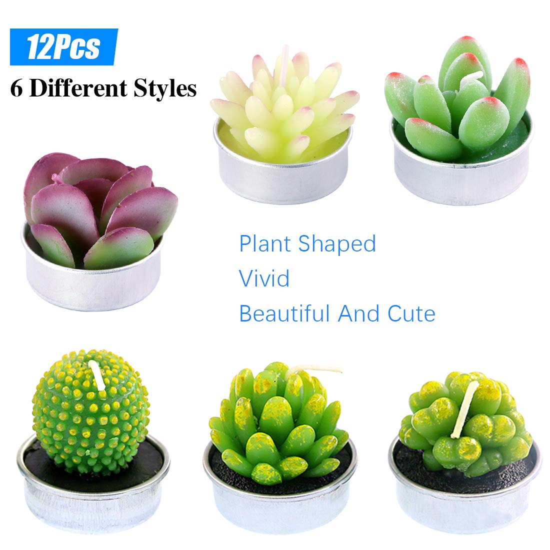 Glarks Cute Tea Lights Tealight Candles, Succulent Cactus for Birthday Party Valentine's Day Wedding Spa Home Decor and DIY Gift, 12Pcs a Pack