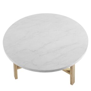 Walker Edison Mid Century Modern Round Coffee Table Living Room Accent Ottoman Storage Shelf, 30 Inch, Marble and Brown