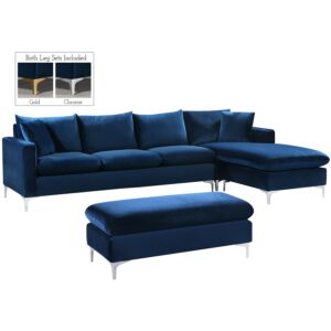 Meridian Furniture Naomi Collection Modern | Contemporary Navy Velvet Upholstered REVERSIBLE Sectional with Rich Gold or Chrome Legs