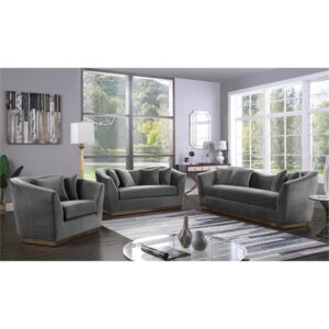 Meridian Furniture Arabella Collection Modern | Contemporary Velvet Upholstered Loveseat with Rich Gold Stainless Steel Base, Grey, 67" W x 35" D x 32.5" H