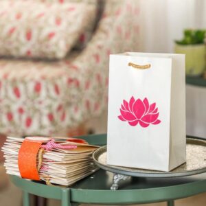 desi favors lotus gift bags - lotus printed paper gift bags for christmas weddings birthdays pooja/puja return gifts shagun gift bags - 7.4x4.7x3.14 inch (pack of 8)