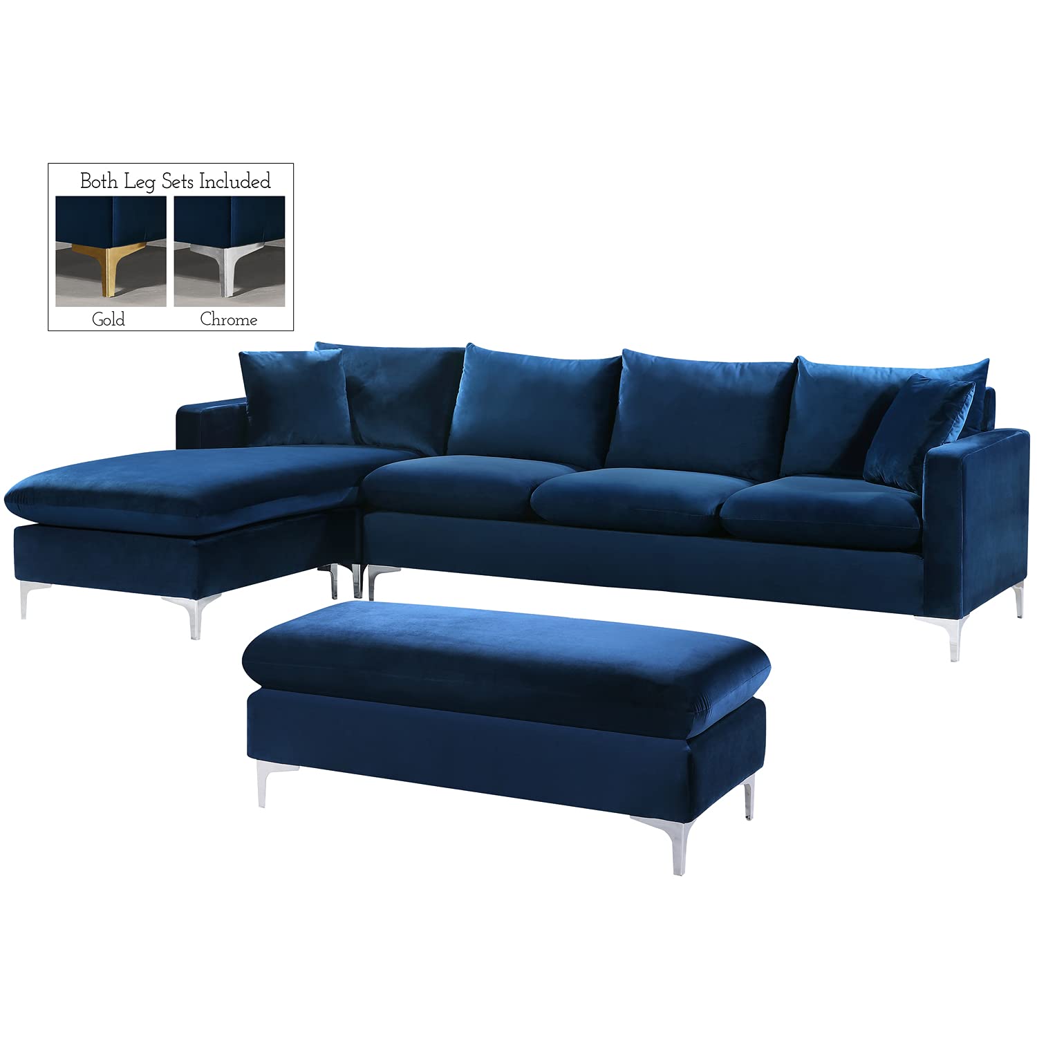 Meridian Furniture Naomi Collection Modern | Contemporary Navy Velvet Upholstered REVERSIBLE Sectional with Rich Gold or Chrome Legs