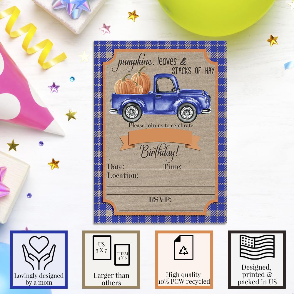 Blue Watercolor Pickup Truck Full of Pumpkins Fall & Autumn Birthday Party Invitations, 20 5x7 Fill In Cards with Twenty White Envelopes by AmandaCreation