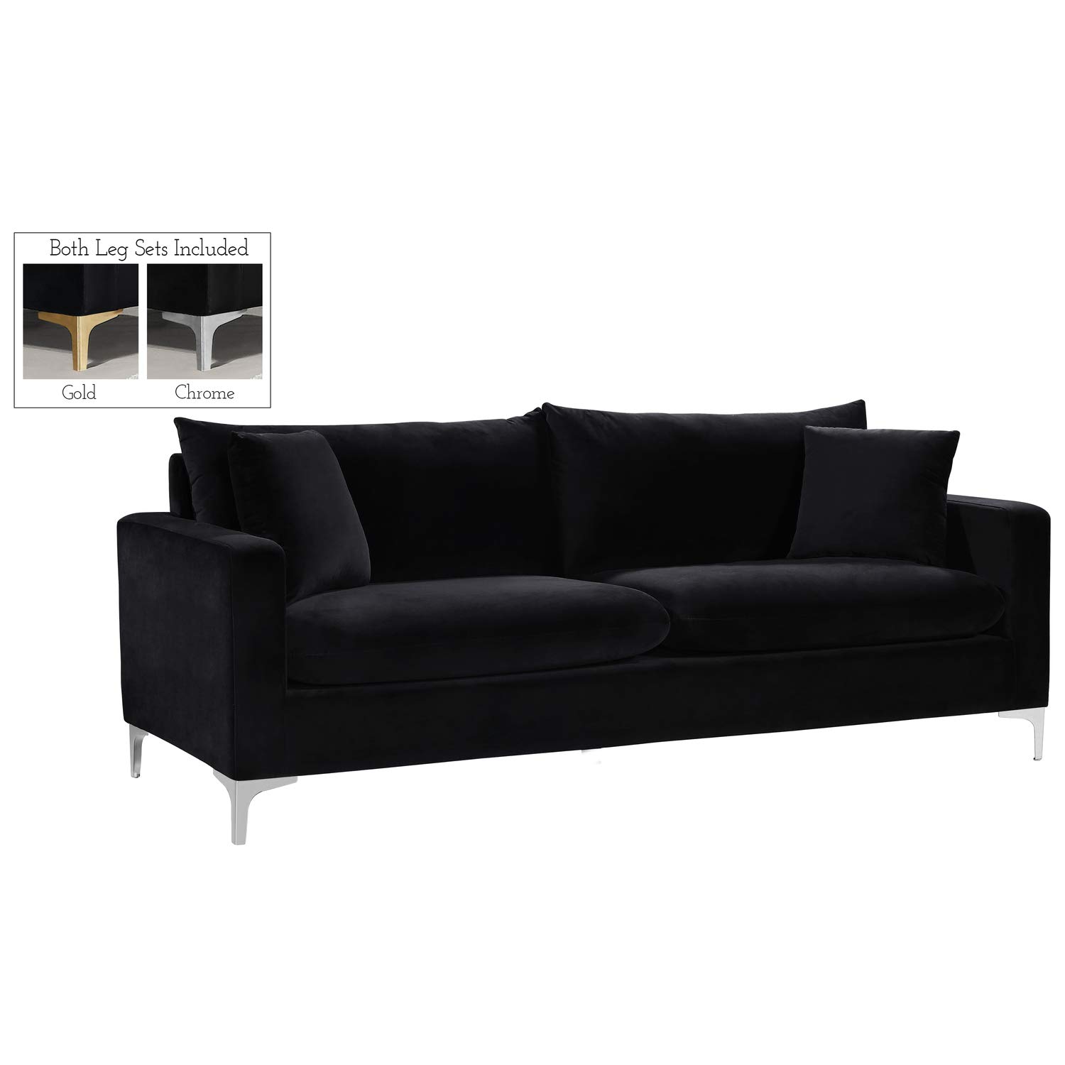 Meridian Furniture Naomi Collection Modern | Contemporary Black Velvet Upholstered Sofa with Stainless Steel Base in a Rich Gold or chrome Finish, (633Black-S)