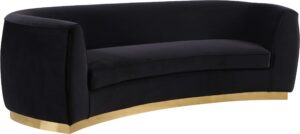 meridian furniture julian collection modern | contemporary velvet upholstered sofa with stainless steel base in rich gold finish, black, 91.5" w x 36" d x 28" h