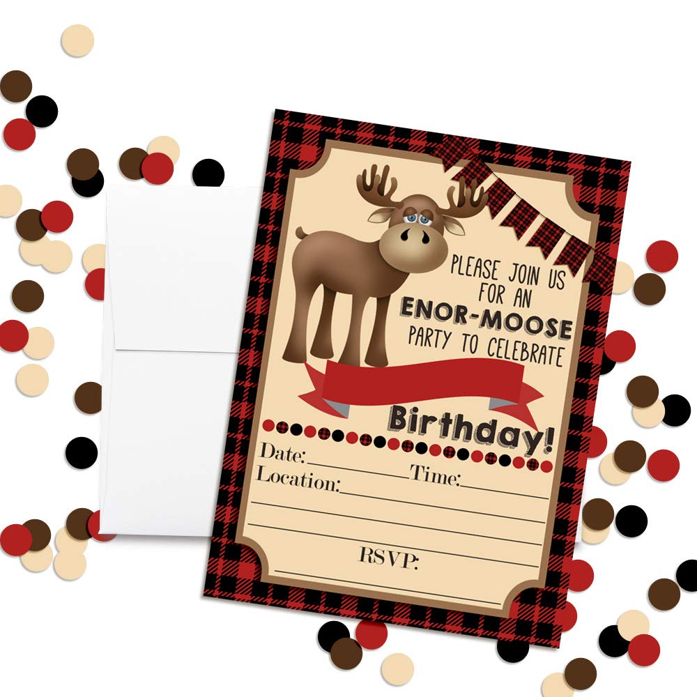 Rustic Red & Black Plaid Flannel Print Moose Birthday Party Invitations, 20 5x7 Fill In Cards with Twenty White Envelopes by AmandaCreation