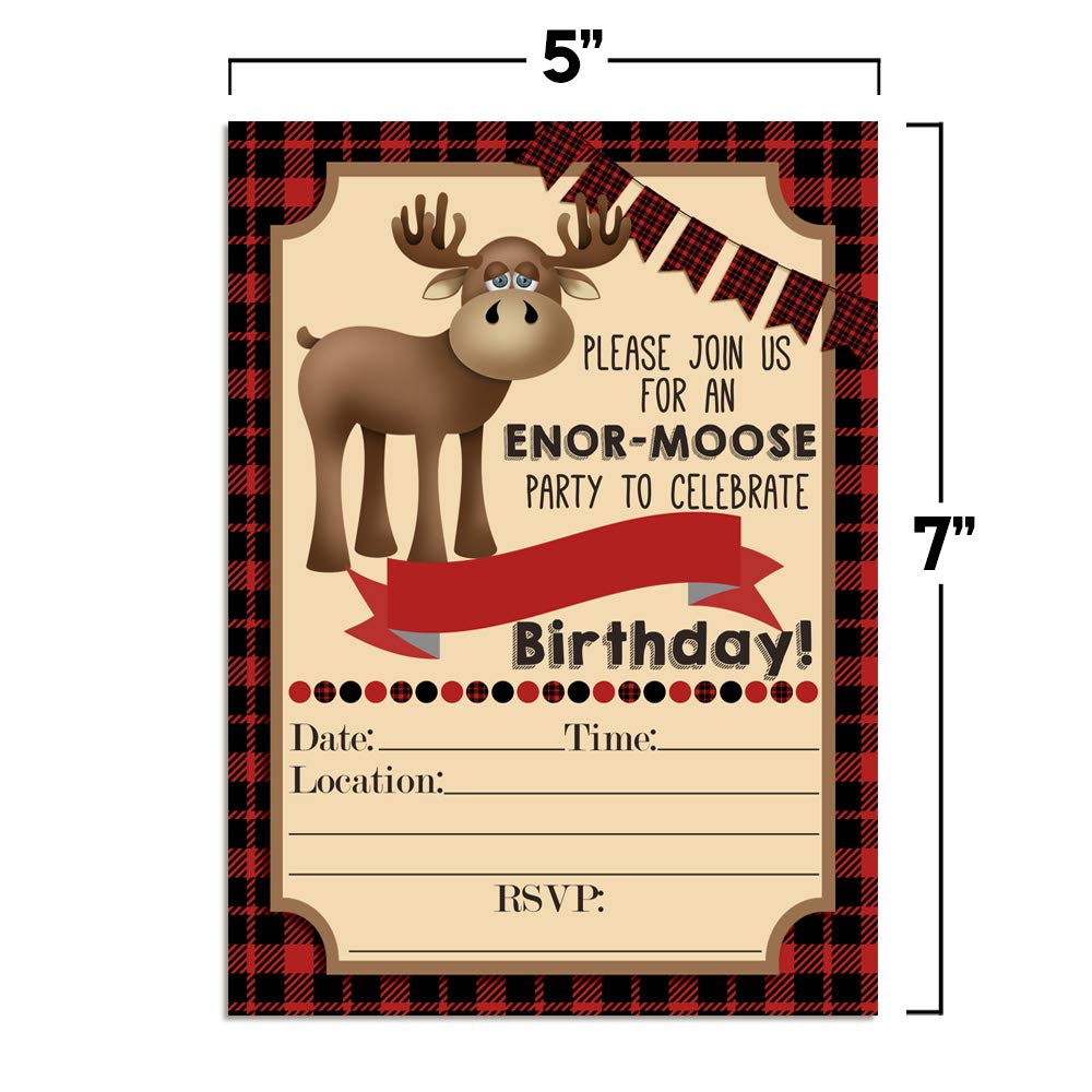 Rustic Red & Black Plaid Flannel Print Moose Birthday Party Invitations, 20 5x7 Fill In Cards with Twenty White Envelopes by AmandaCreation