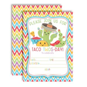 taco twos-day adorable 2nd birthday fiesta party invitations, 20 5x7 fill in cards with twenty white envelopes by amandacreation