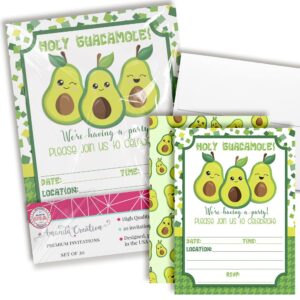 trio of avocados holy guacamole fiesta themed birthday party invitations, 20 5x7 fill in cards with twenty white envelopes by amandacreation