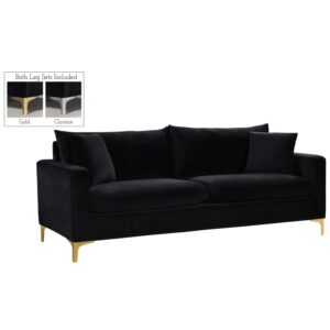 meridian furniture naomi collection modern | contemporary black velvet upholstered sofa with stainless steel base in a rich gold or chrome finish, (633black-s)