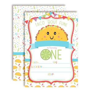 taco 'bout fun taco themed first birthday fiesta party invitations, 20 5x7 fill in cards with twenty white envelopes by amandacreation