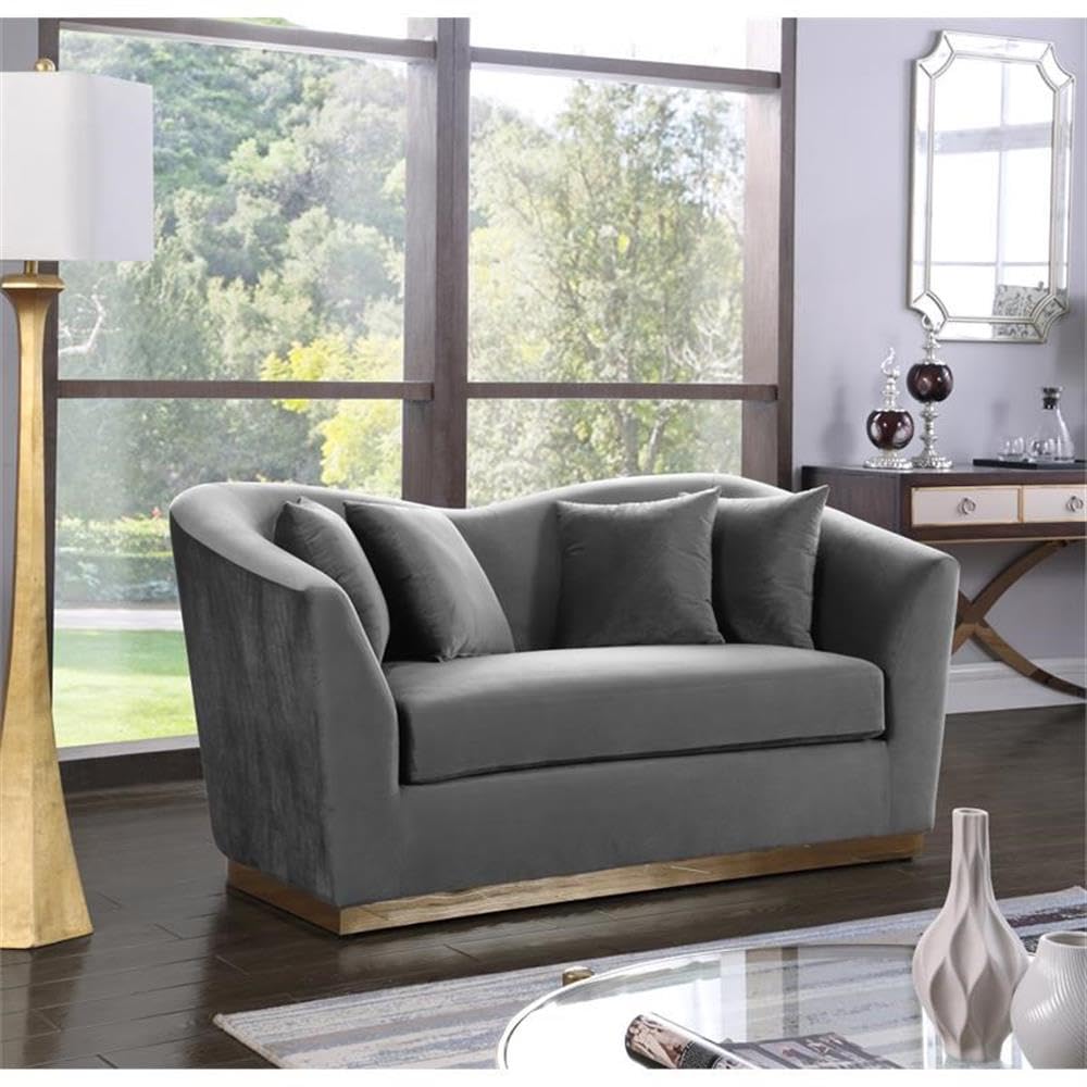 Meridian Furniture Arabella Collection Modern | Contemporary Velvet Upholstered Loveseat with Rich Gold Stainless Steel Base, Grey, 67" W x 35" D x 32.5" H