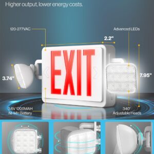 Sunco Red Exit Signs With Emergency Lights, Two Adjustable Square LED Lights, 94V-0 Fire Resistant, Backup Battery, 120-277V, Wall Or Ceiling Mount, Commercial Grade Double Sided UL 2 Pack