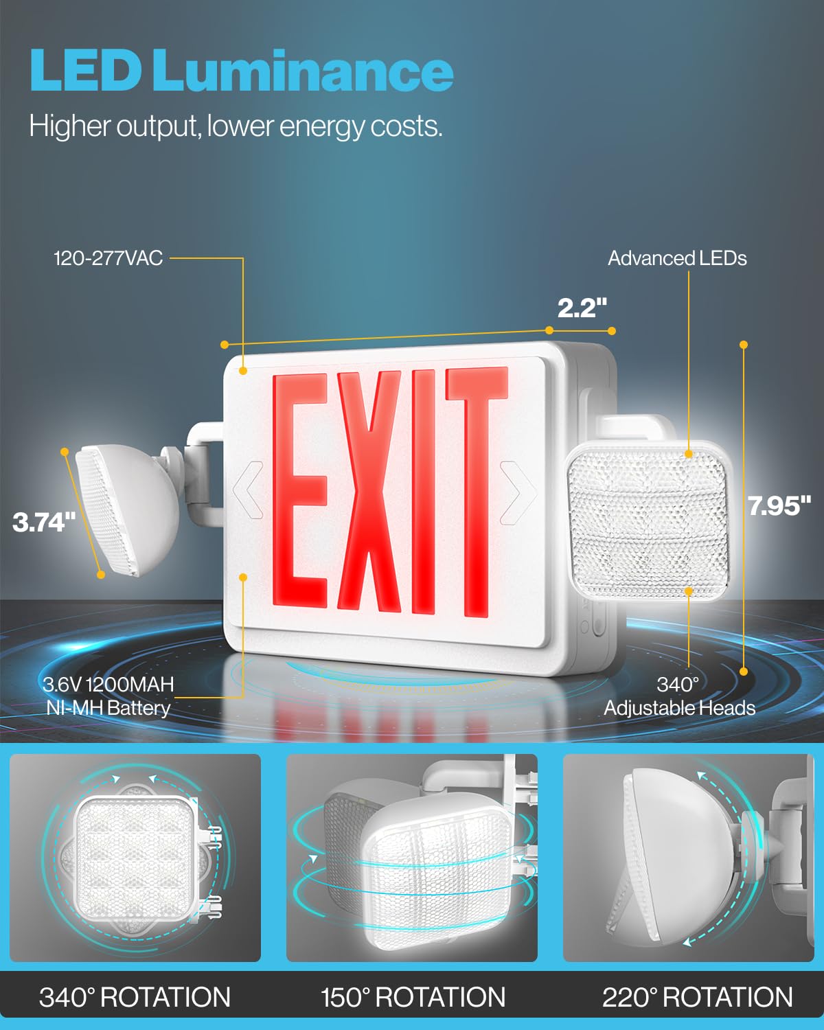 Sunco Red Exit Signs With Emergency Lights, Two Adjustable Square LED Lights, 94V-0 Fire Resistant, Backup Battery, 120-277V, Wall Or Ceiling Mount, Commercial Grade Double Sided UL 2 Pack