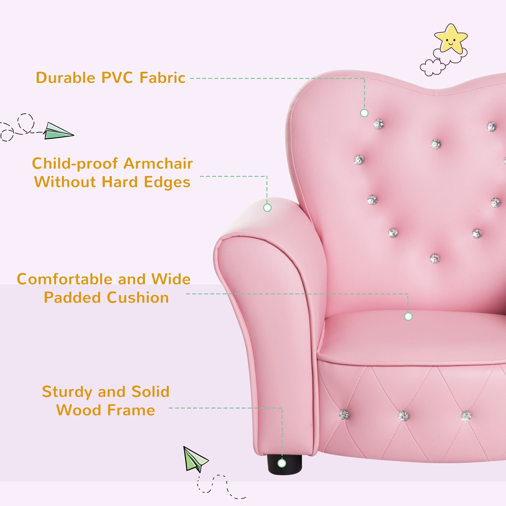 Qaba Kids Sofa Toddler Tufted Upholstered Sofa Chair Princess Couch Furniture with Diamond Decoration for Preschool Child, Pink