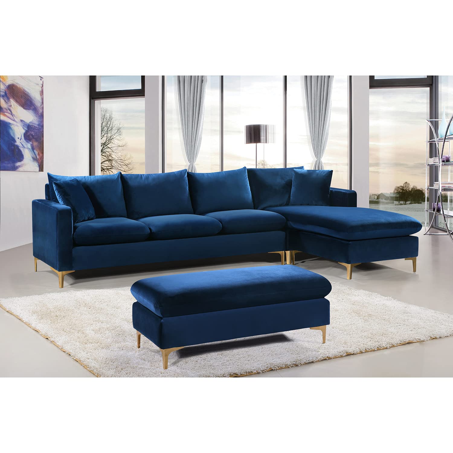 Meridian Furniture Naomi Collection Modern | Contemporary Navy Velvet Upholstered REVERSIBLE Sectional with Rich Gold or Chrome Legs