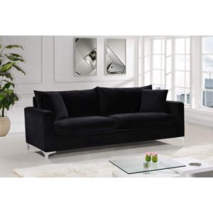 Meridian Furniture Naomi Collection Modern | Contemporary Black Velvet Upholstered Sofa with Stainless Steel Base in a Rich Gold or chrome Finish, (633Black-S)