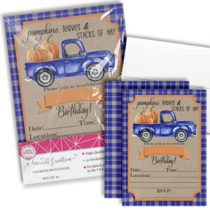 blue watercolor pickup truck full of pumpkins fall & autumn birthday party invitations, 20 5x7 fill in cards with twenty white envelopes by amandacreation