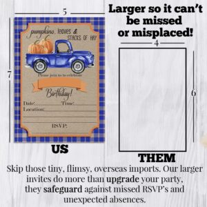 Blue Watercolor Pickup Truck Full of Pumpkins Fall & Autumn Birthday Party Invitations, 20 5x7 Fill In Cards with Twenty White Envelopes by AmandaCreation