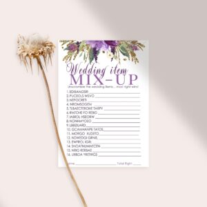 Purple Floral Bridal Shower Word Scramble Game – 25 Pack, Couples Wedding Engagement Party Games, Reception Decor and Ideas, Fun Rehearsal Unscramble Guest Activities