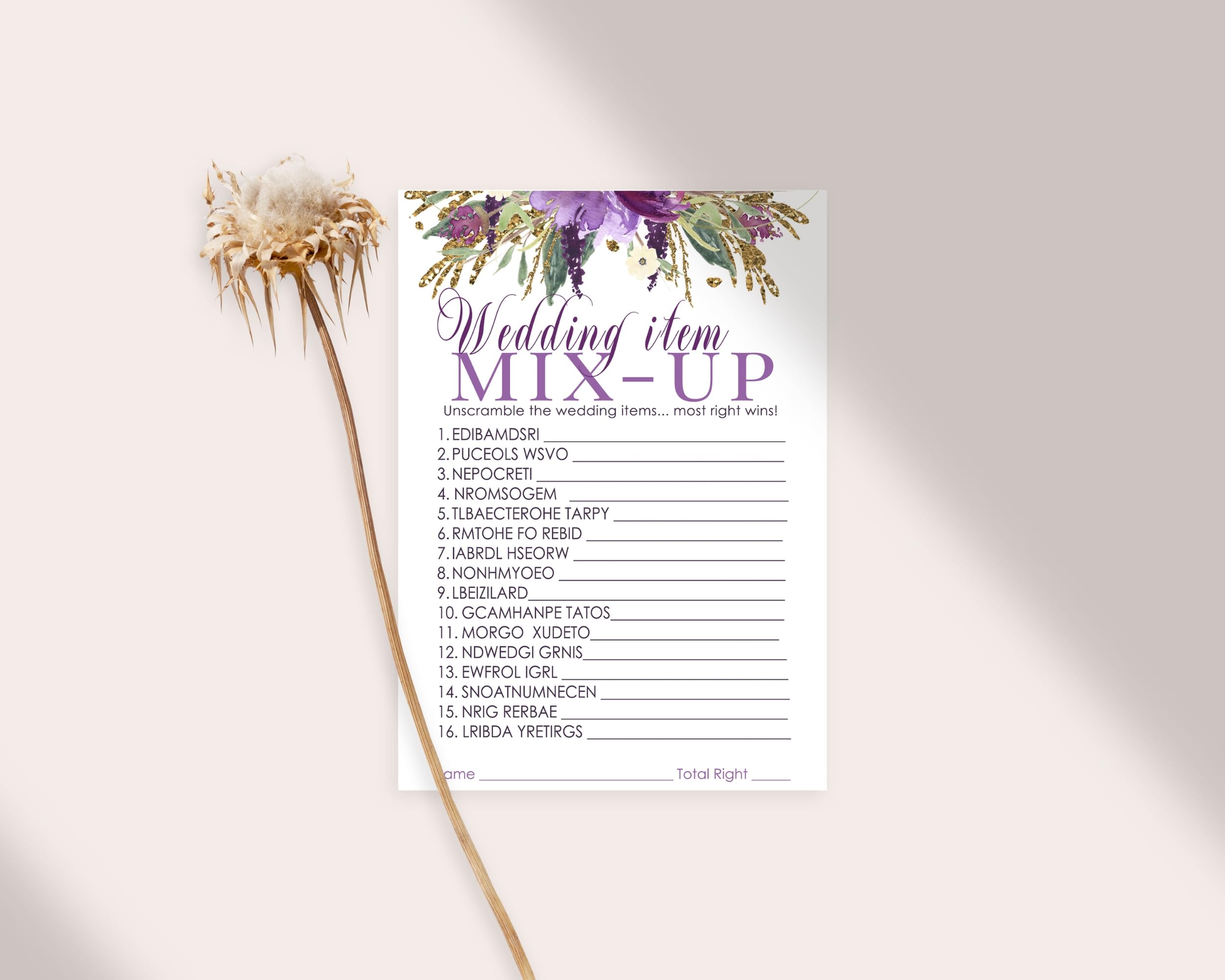 Purple Floral Bridal Shower Word Scramble Game – 25 Pack, Couples Wedding Engagement Party Games, Reception Decor and Ideas, Fun Rehearsal Unscramble Guest Activities