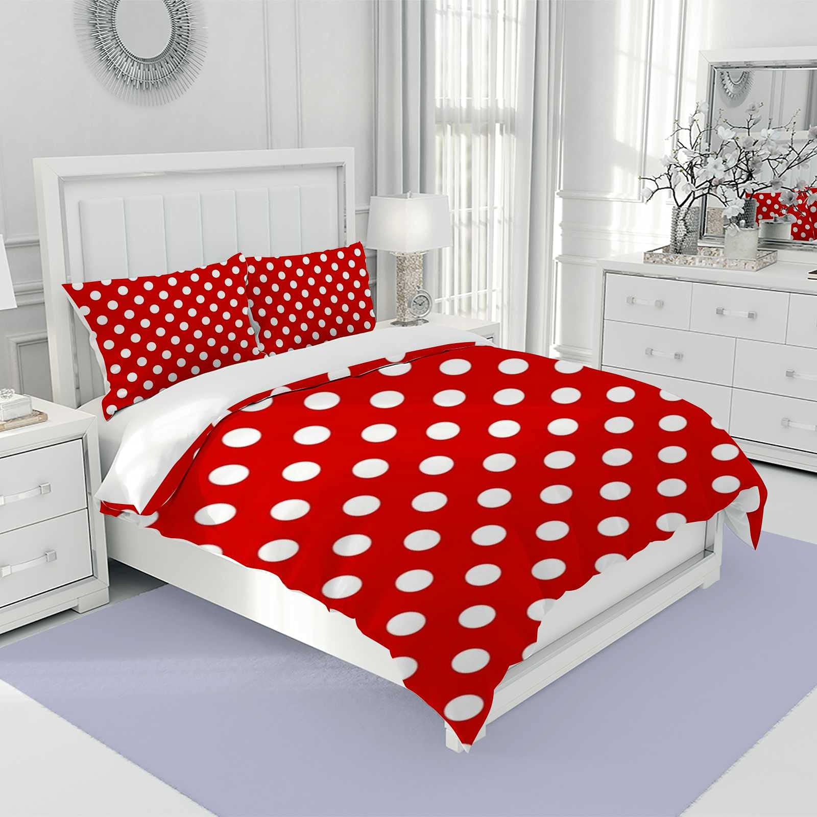 ColourLife Duvet Cover Sets White Polka Dot on Red Soft Microfiber Comforter Protector Set 3 PCS(1 Duvet and 2 Pillow Shams) Bedding Set Queen Size 90 x 90 Inches