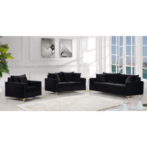 Meridian Furniture Naomi Collection Modern | Contemporary Black Velvet Upholstered Sofa with Stainless Steel Base in a Rich Gold or chrome Finish, (633Black-S)