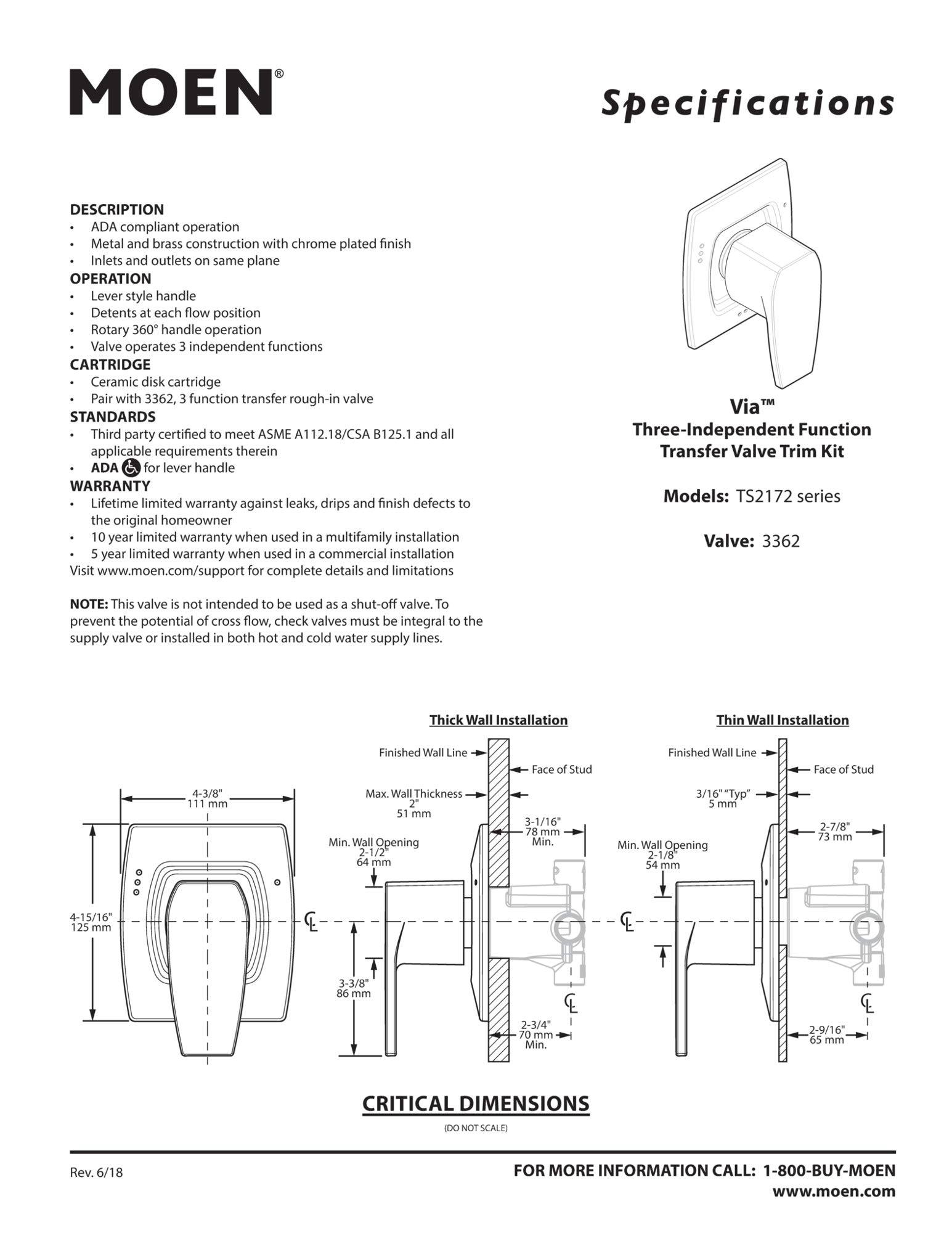 Moen TS2172 Via 3-Function Transfer Modern Valve Trim Kit, Valve Required, Chrome