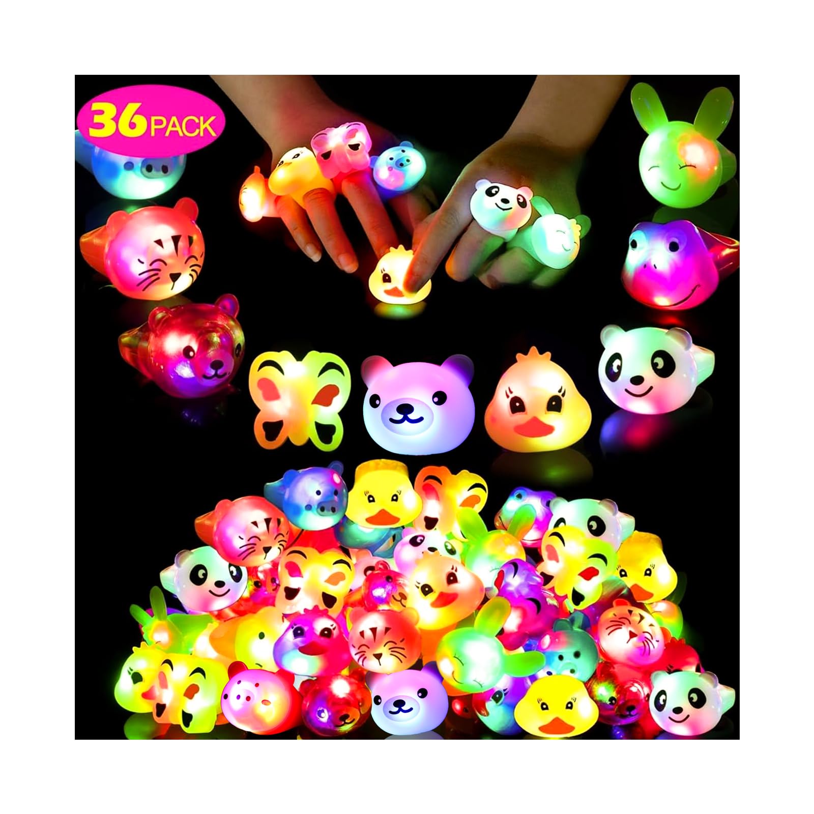 Mikulala 36 Pack Light Up Rings Glow in The Dark Party Supplies, Light up Party Favors, Goodie Bag Stuffers, Birthday Christmas Party Favors Classroom Prizes Cute Animal Treasure Box for Kids