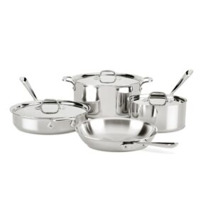 all-clad d3 3-ply stainless steel cookware set 7 piece, induction compatible, oven broiler safe 600f, kitchen cooking set w/ frying pan, sauce pan, saute pan, stockpot, professional pots & pans silver