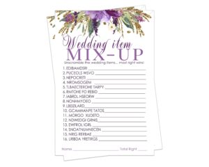 purple floral bridal shower word scramble game – 25 pack, couples wedding engagement party games, reception decor and ideas, fun rehearsal unscramble guest activities